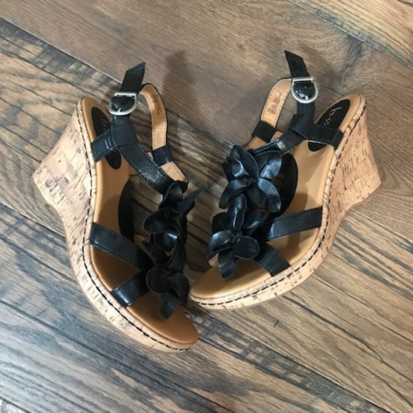 b.o.c. | Shoes | Boc Born Cork Wedge Black Leather Flowerettes | Poshmark